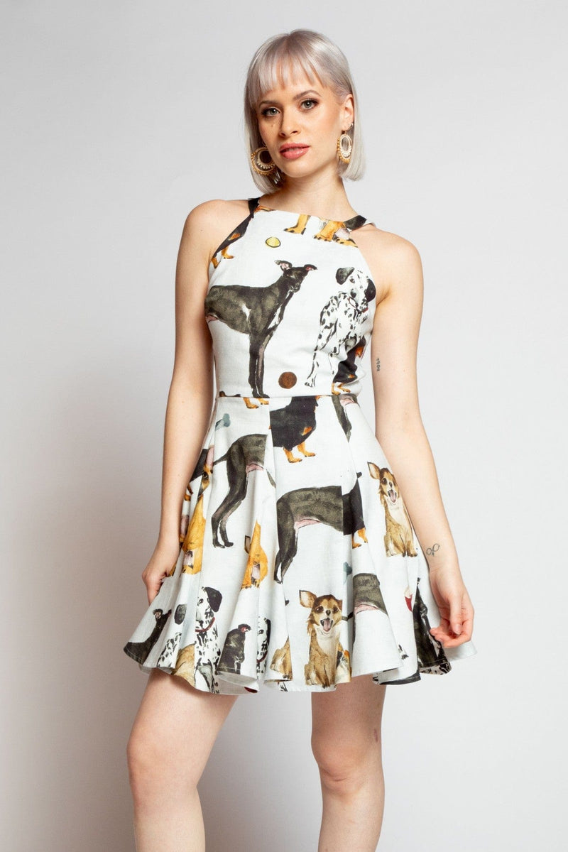 Aviva Linen Fit and Flare Halter Mini Dress - Wags and Tails Dog Print ...