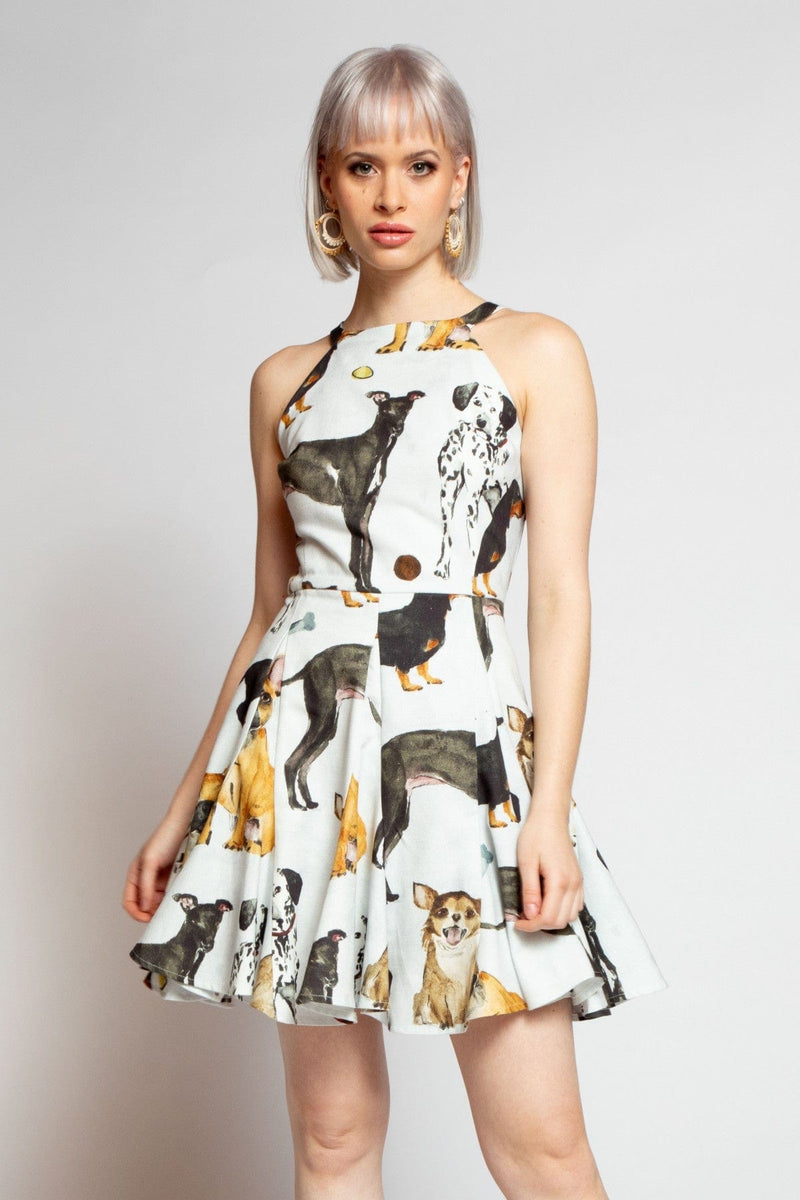 Aviva Linen Fit and Flare Halter Mini Dress - Wags and Tails Dog Print ...