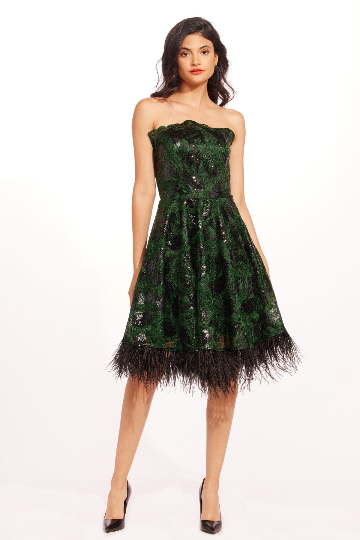 Sequin Strapless Feather Midi Alma Dress - Christmas Green – Eva Franco