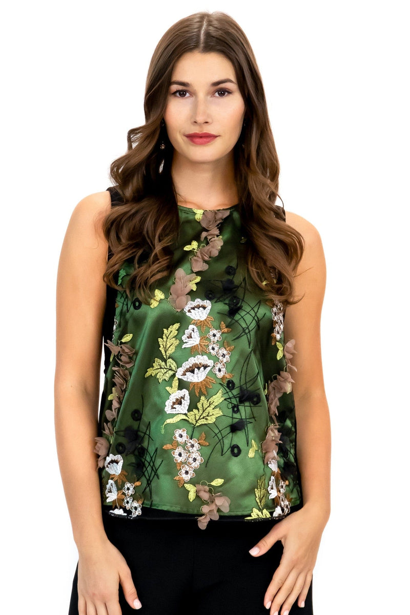 Sequin Sleeveless Embroidered Gail Tank - Emerald Meadow – Eva Franco